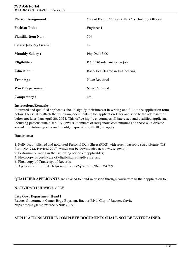 CGO BACOOR CAVITE-Engineer I | PDF