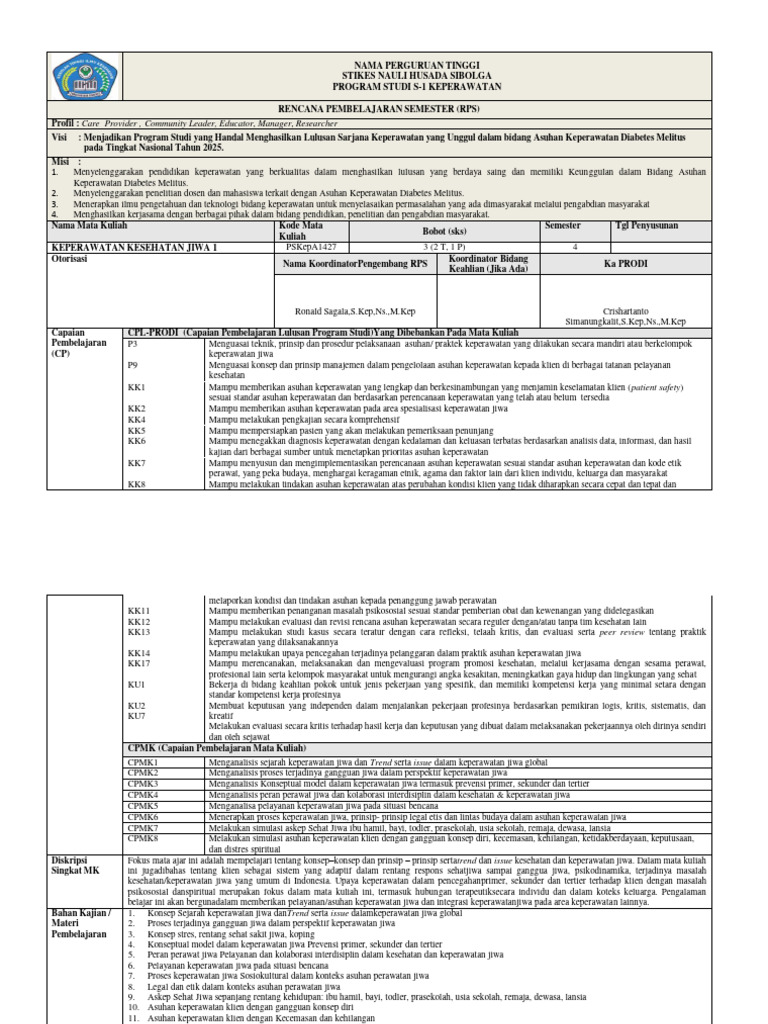 RPS Keperawatan Kesehatan Jiwa 1 | PDF