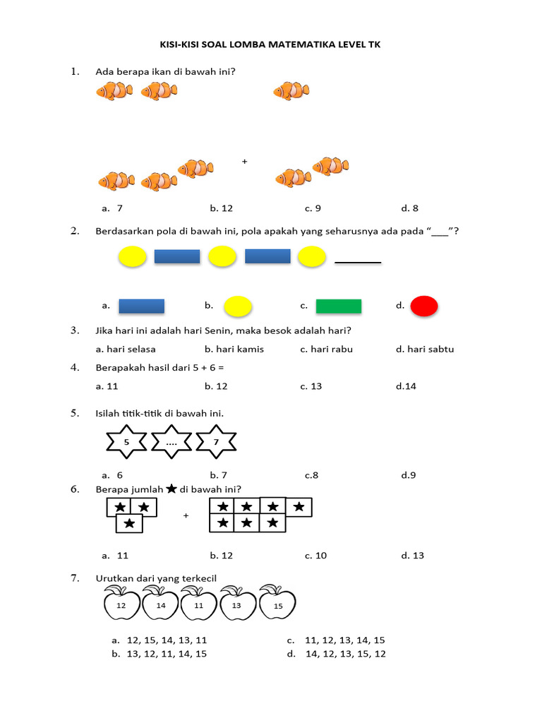 Kisi-Kisi Soal Matematika Level TK | PDF