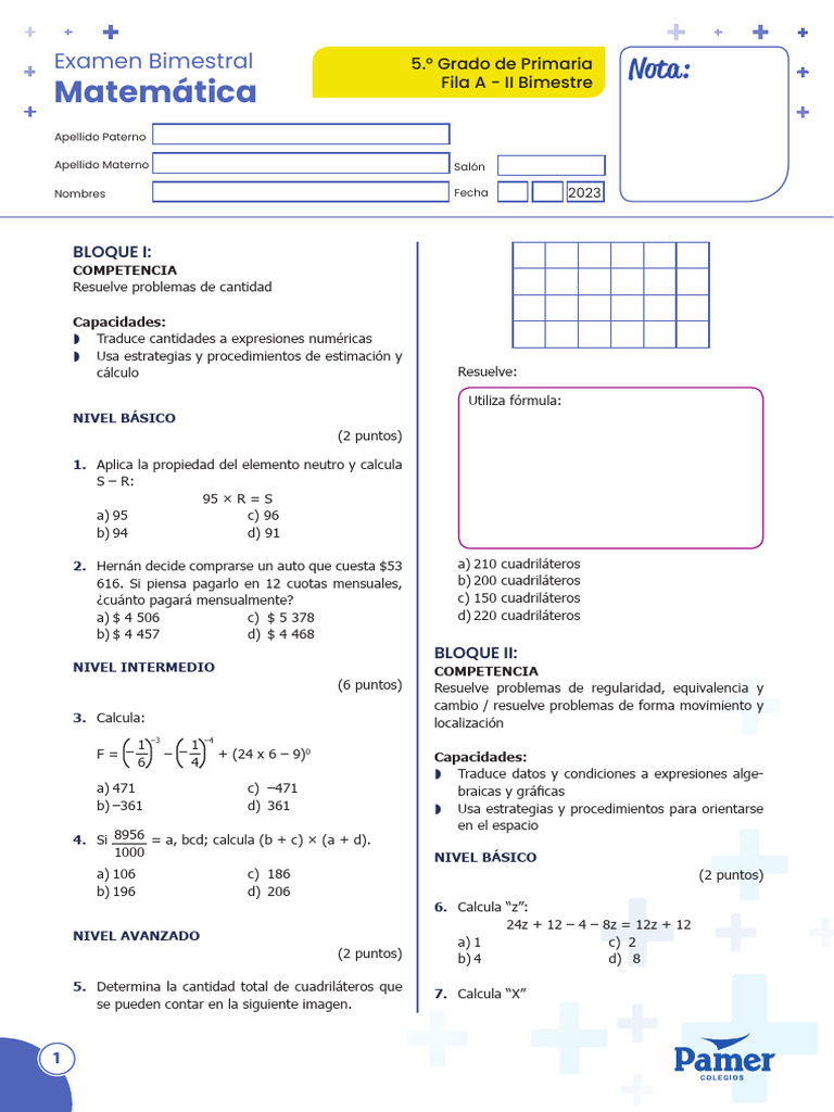 2023_IIBIM_EB_5°GRADO_FILA A_MAT | PDF