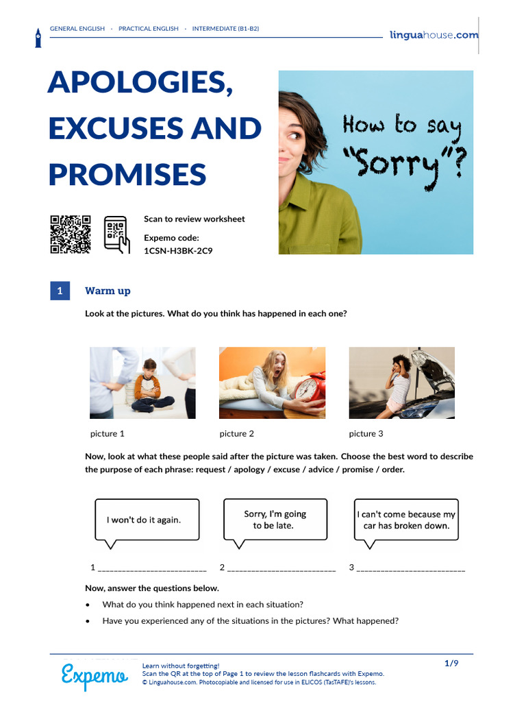 Apologies Excuses and Promises British English Teacher | PDF