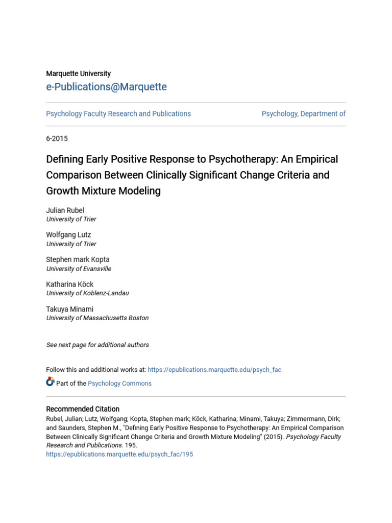 Defining Early Positive Response To Psychotherapy - An Empirical C ...