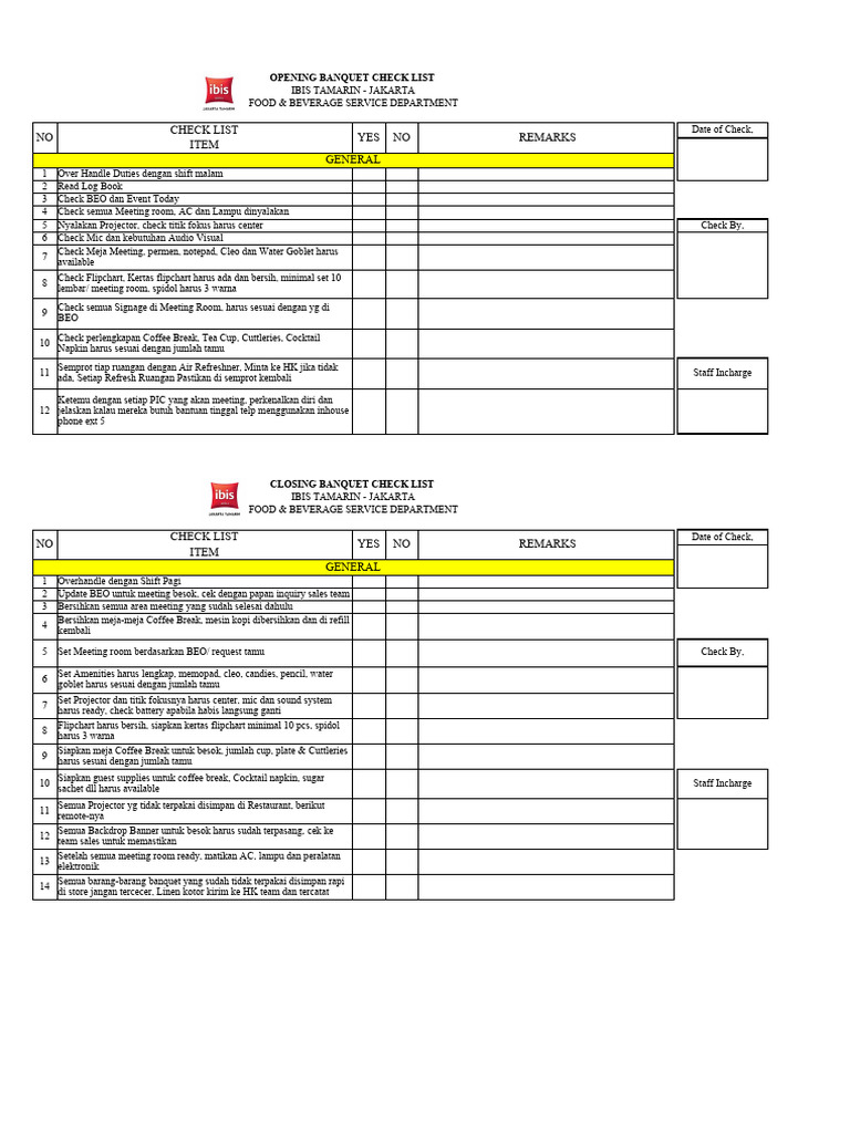 Banquet Checklist | PDF Banquet Checklist | PDF
