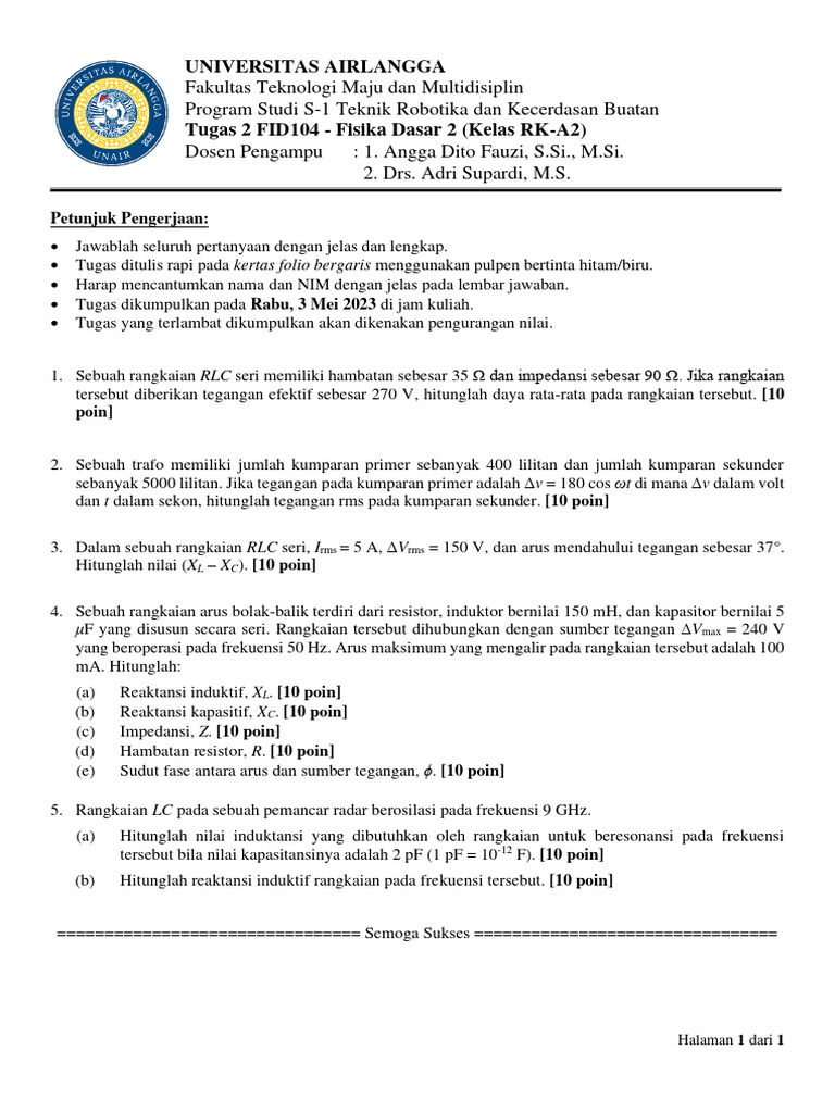 Tugas 2 Fisika Dasar 2 RK-A2 2023 | PDF