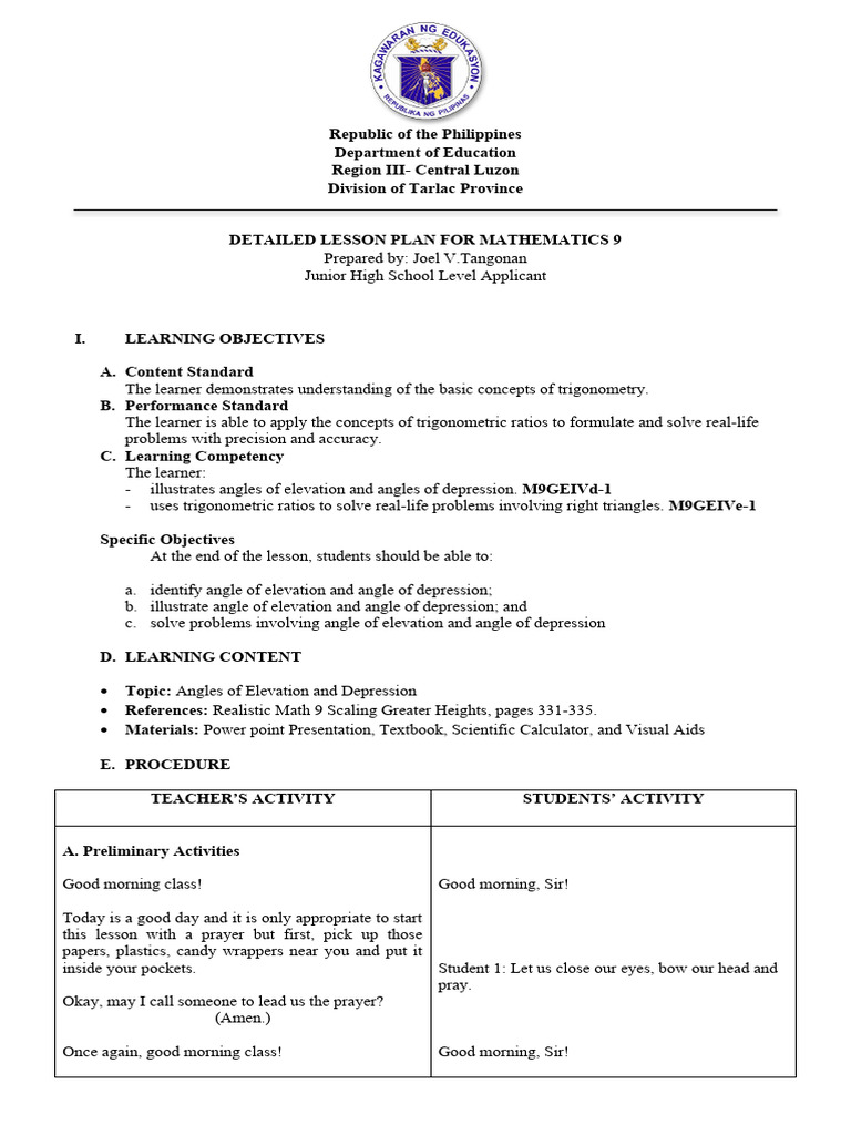 FINAL Detailed Lesson Plan (Angle of Elevation and Depression ...