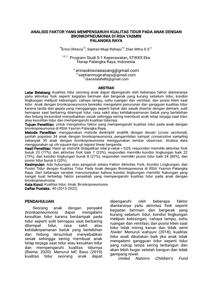 Analisis Faktor Yang Mempengaruhi Kualitas Tidur Pada Anak Dengan Bronkopnumonia Di RSIA Yasmin ...