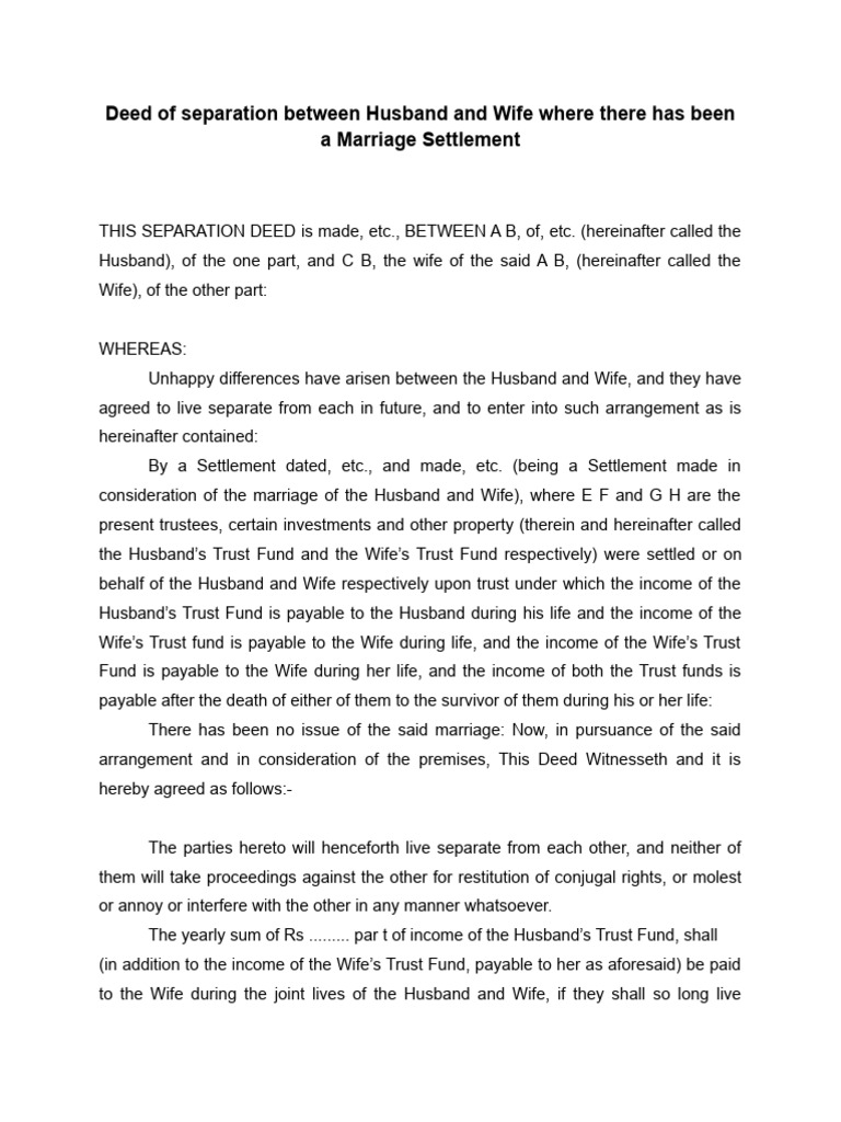 Deed of Separation Between Husband and Wife Where There Has Been A ...