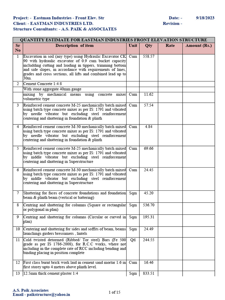 Boq - 19-09-2023 | PDF | Concrete | Structural Steel