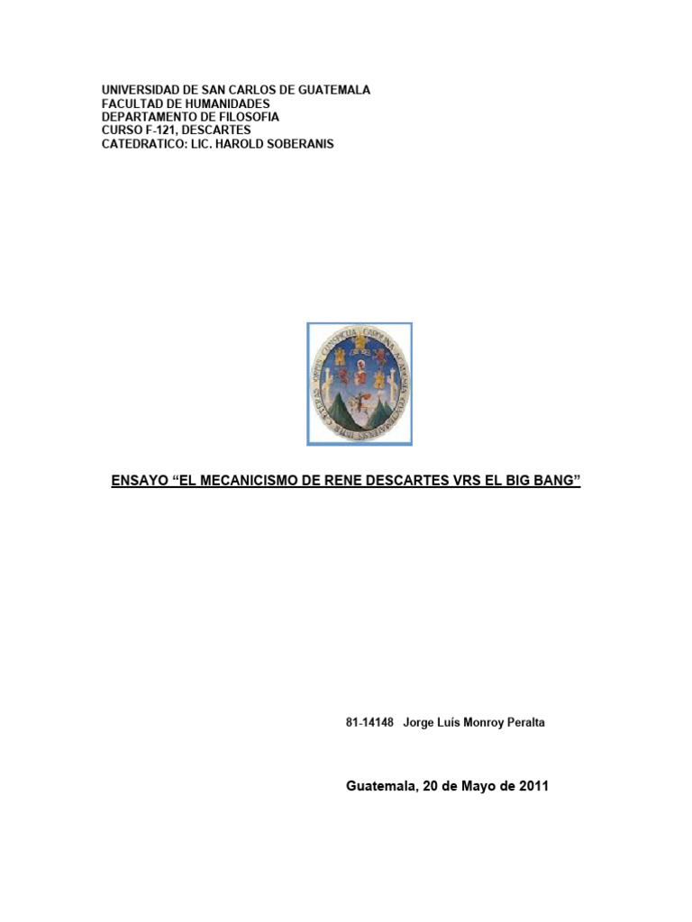 Ensayo EL MECANICISMO EN LA FILOSOFIA DE RENATO DESCARTES | PDF | René ...
