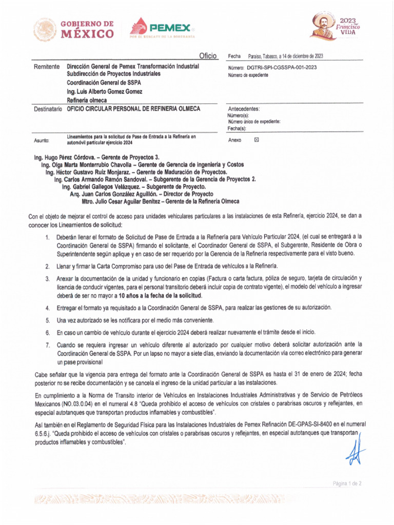 Antecedentes Oficio Dgtri-Spp-Grolm-001-2024 Titular de La Jefatura de ...