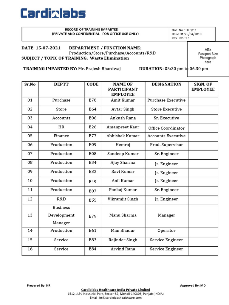 HRD-11 Records of Training Imparted (Waste) | PDF