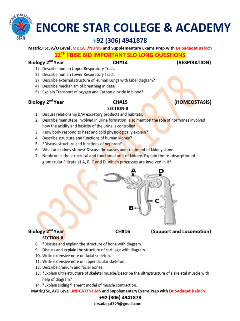 Bio 2nd Year FBISE SLO Important Long Quetion by Encore Star College ...