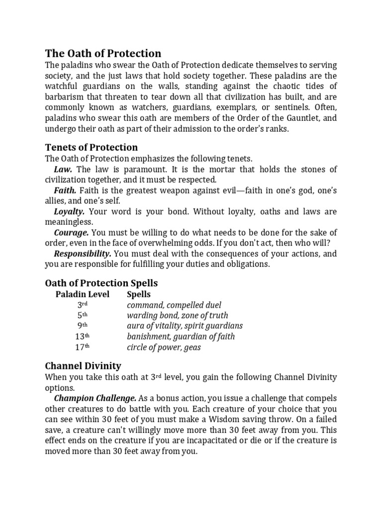 Oath of Protection - Paladin Subclass | PDF