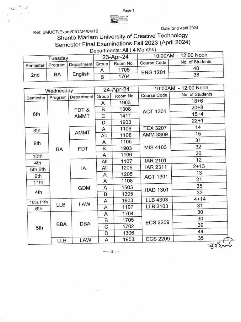Sem Final Exam Schedule Fall 20234M | PDF | Qualifications