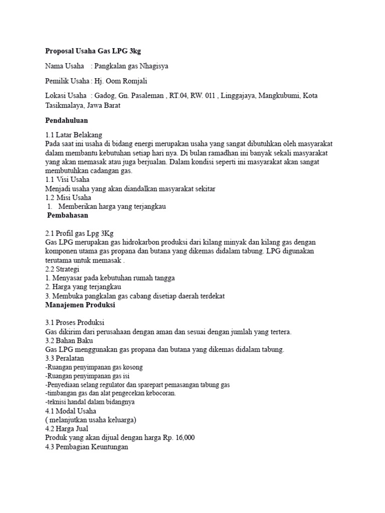Proposal Usaha Pangkalan Gas LPG 3kg | PDF | Teknologi & Rekayasa