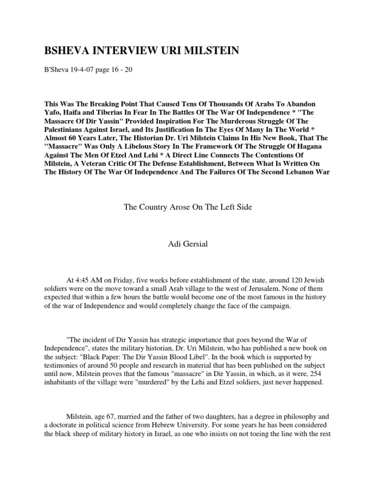 Bsheva Interview Uri Milstein | PDF | Palestinians | Politics Of Israel