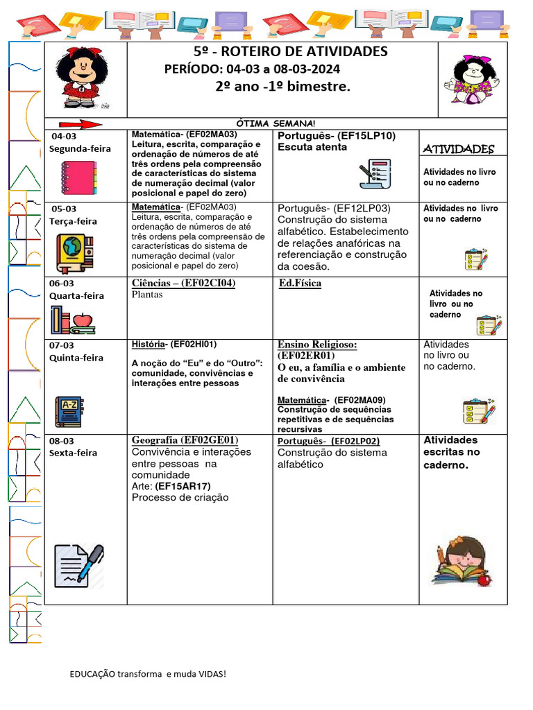 5º Roteiro Semanal 2º Ano de 04 03 A 08 03 Marcya Filizola | PDF ...