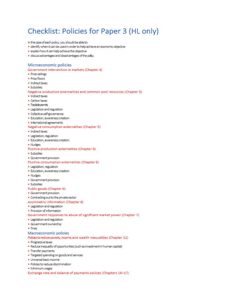 IB Economics HL Checklist of Policies Paper 3 | PDF | Subsidy | Taxes