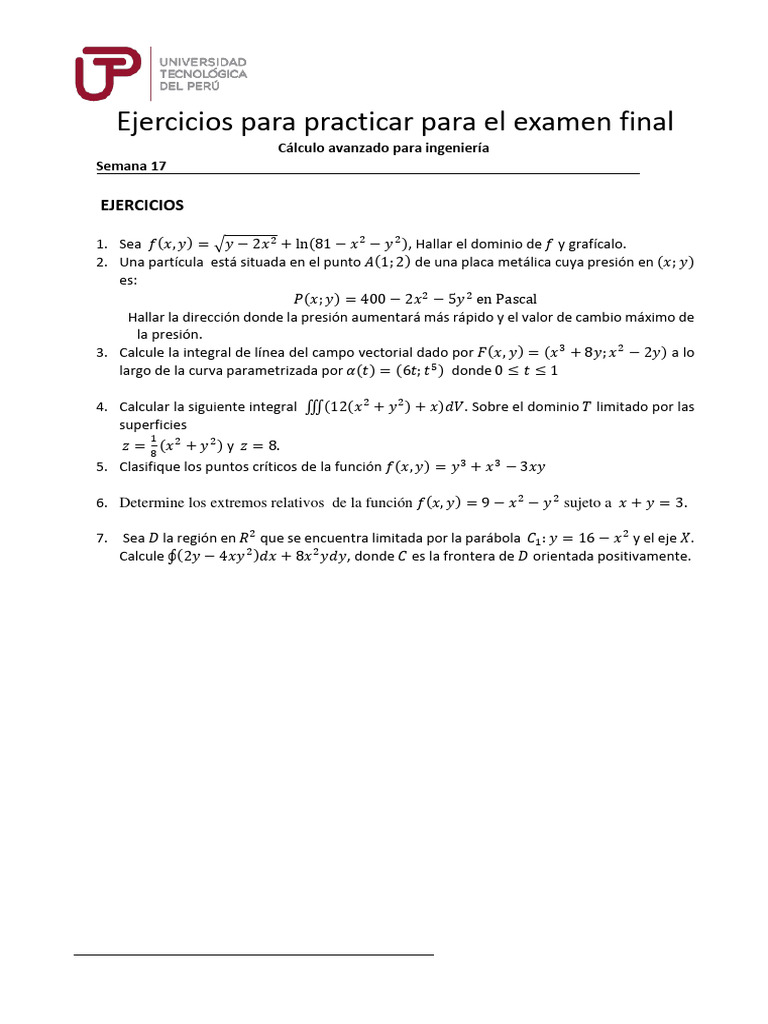 Ejercicios para Examen Final de Calculo Avanzado | PDF