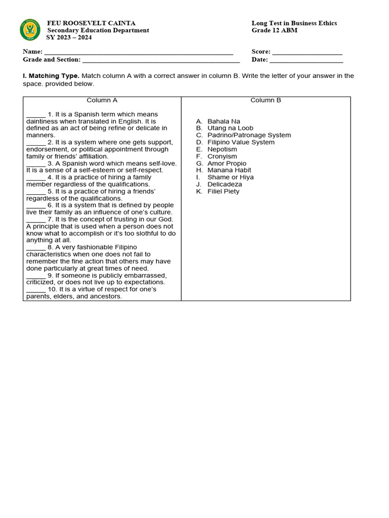 Business Ethics Test for Grade 12 ABM | PDF | Soul | Shinto
