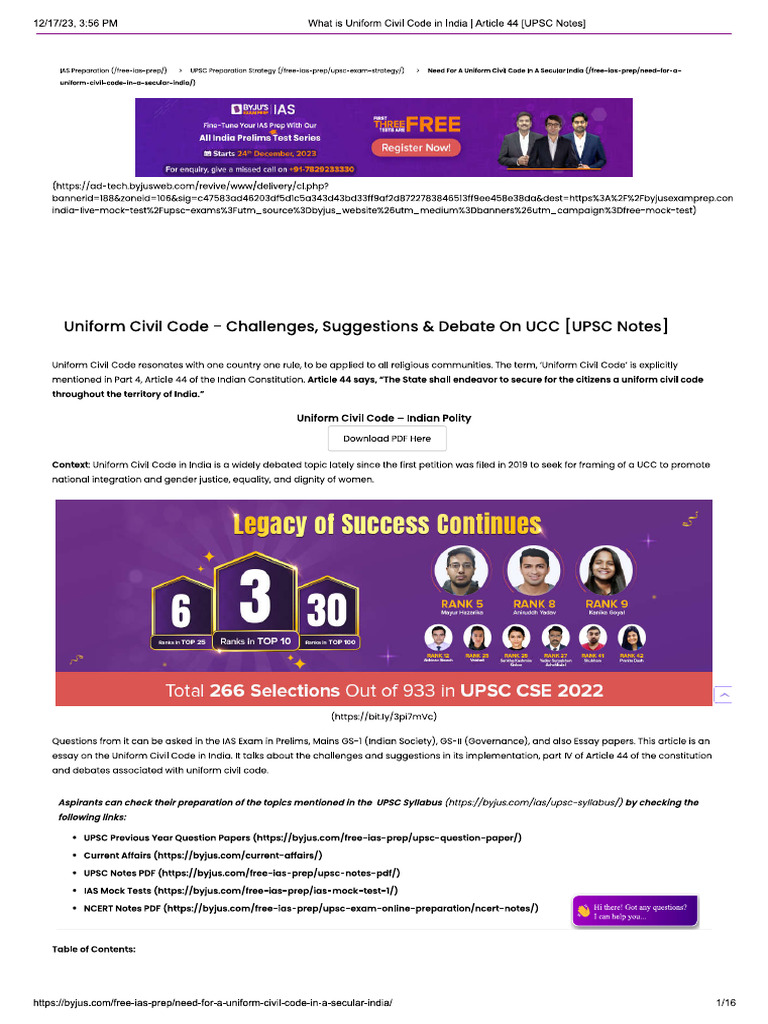 What Is Uniform Civil Code in India - Article 44 (UPSC Notes) | PDF