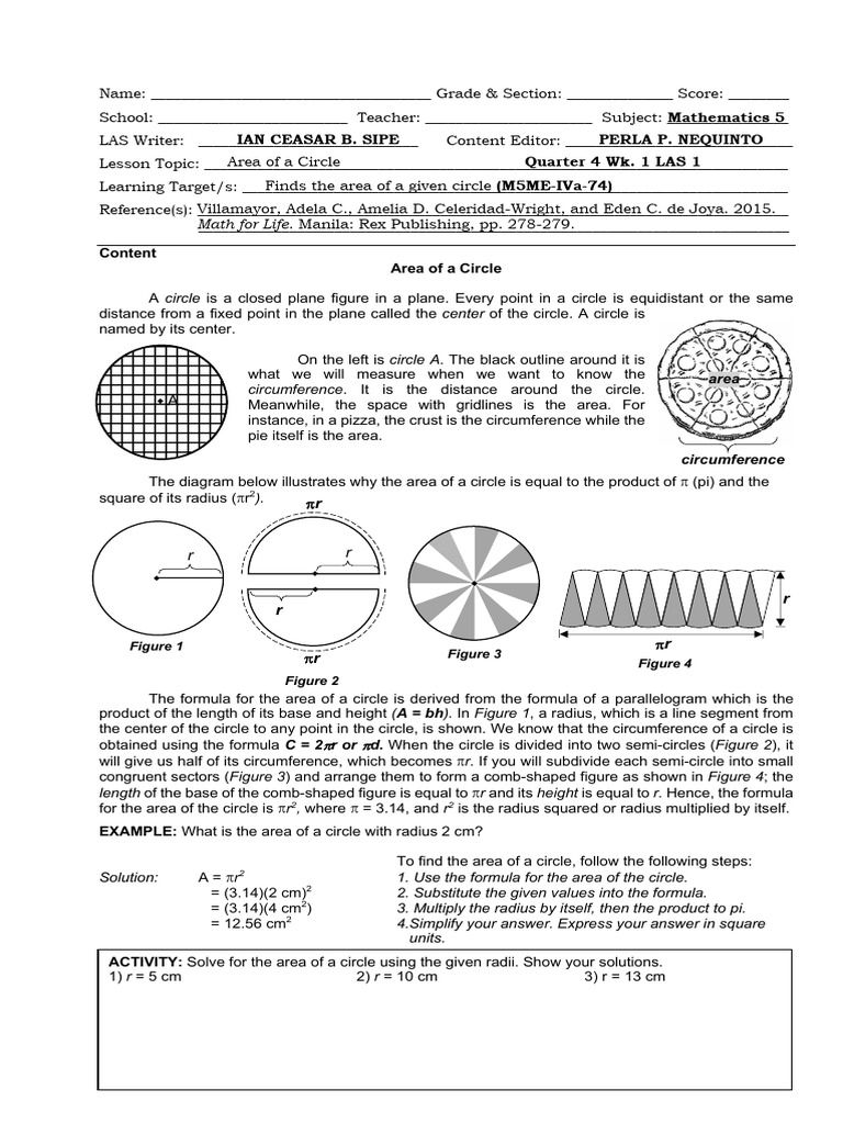Math5 q4 Wk1 Las1 | PDF | Area | Circle