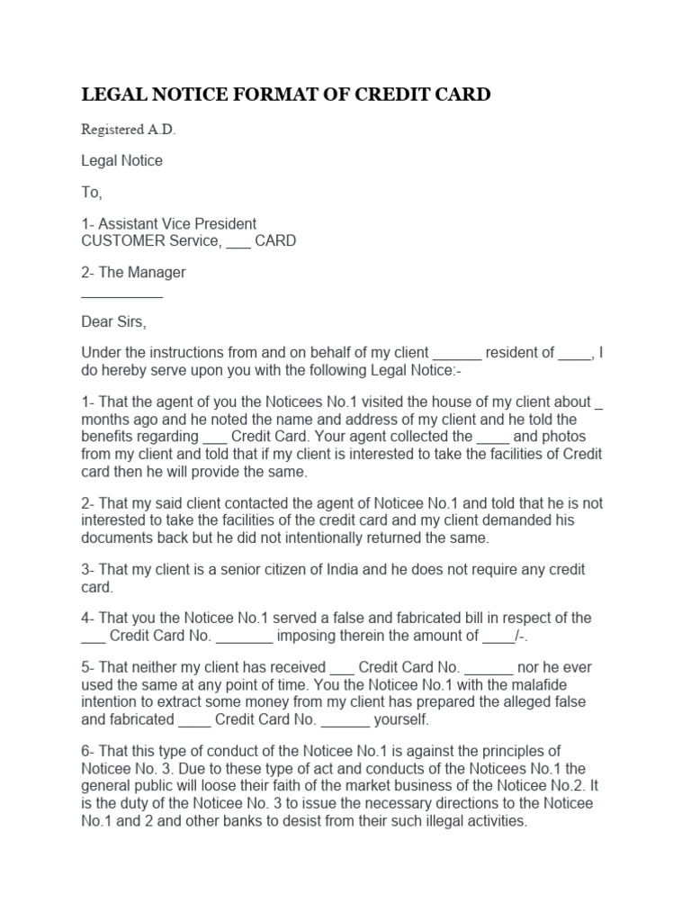 LEGAL NOTICE FORMAT OF CREDIT CARD | PDF | Common Law | Justice