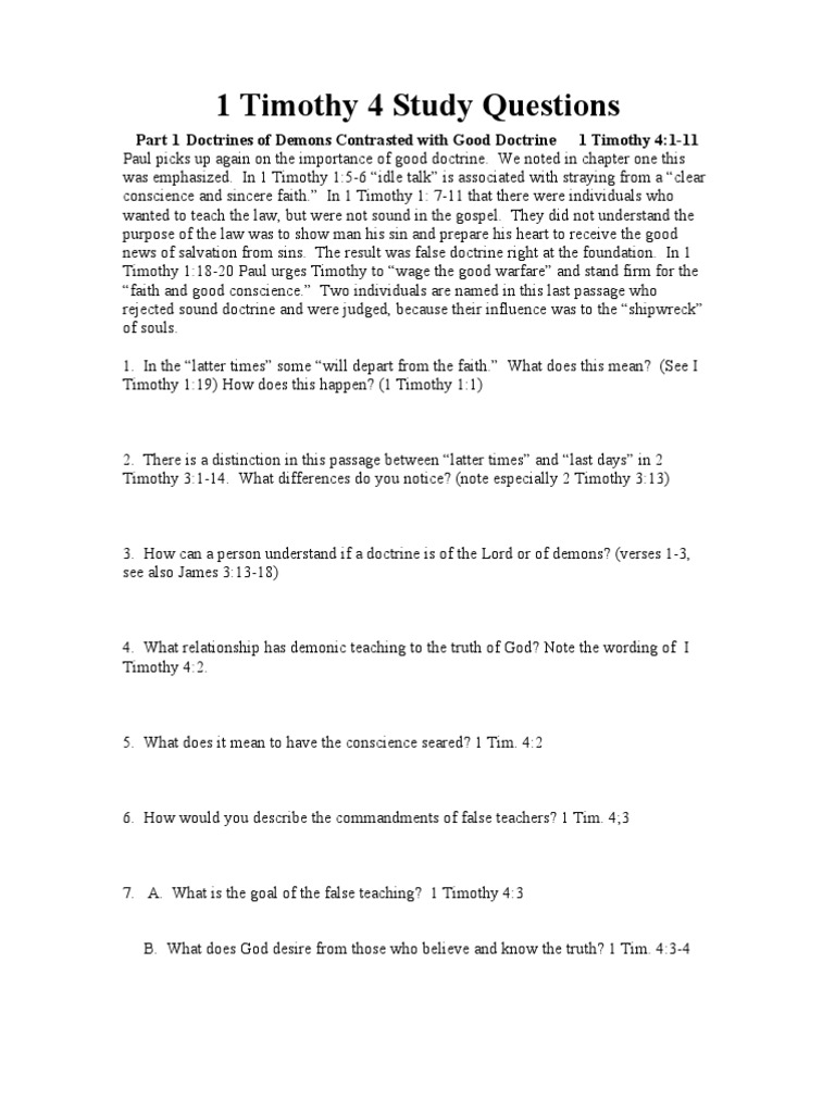 1 Timothy 4 Study Questions | PDF | Paul The Apostle | The Gospel
