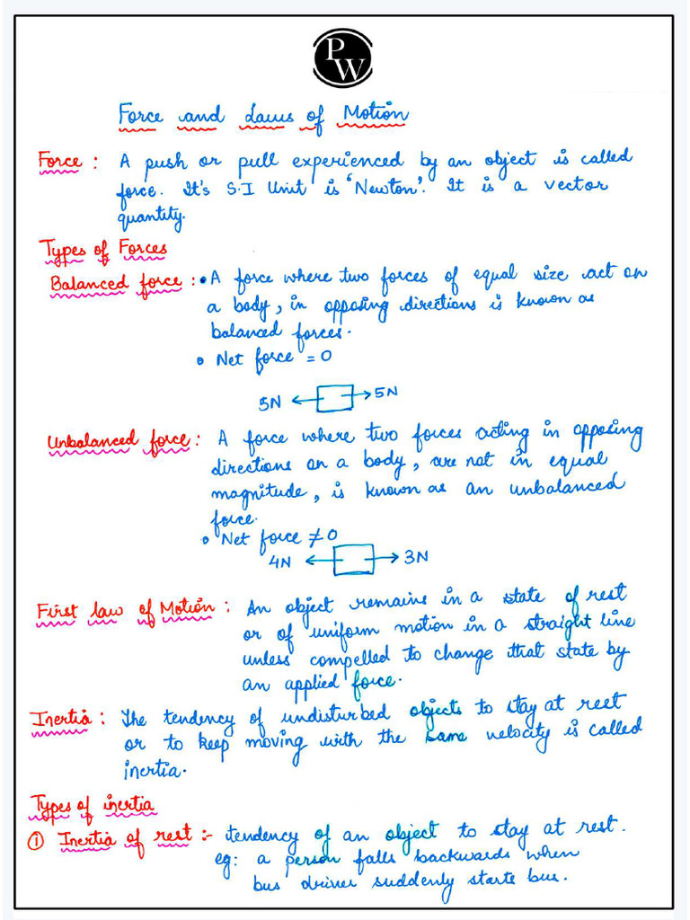 Force and Laws of Motion - Handwritten Notes | PDF