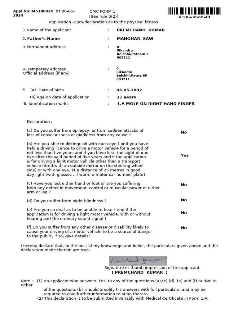 Premchand Kumar Manohar Saw Father's Name: Appl No:345180824 Dt:26-01-2024 | PDF