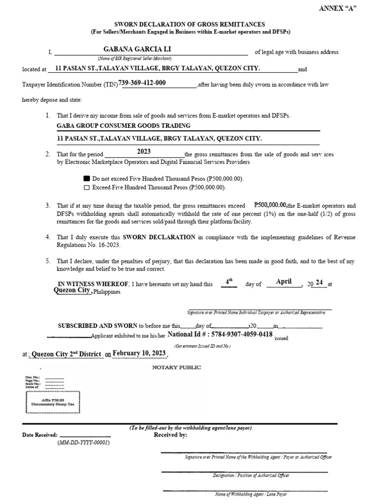 RMC No. 8-2024 Annex A Template | PDF | Economies | Taxation