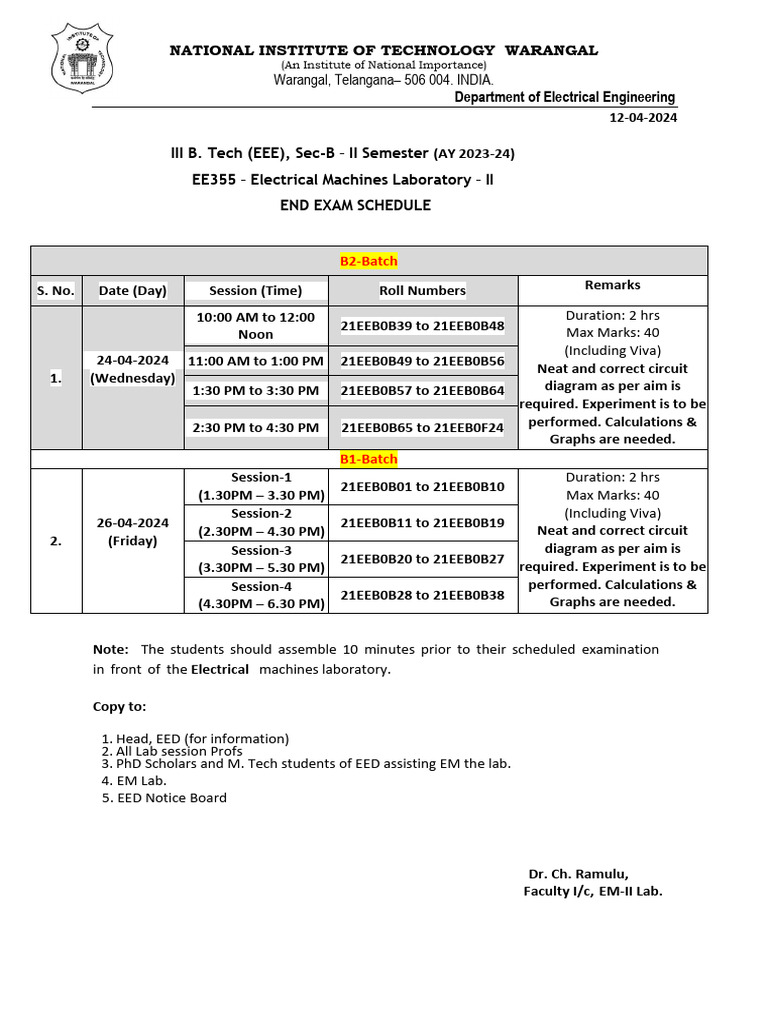 EE355-EM-II Lab END Exam Schedule Nov 2023 CHR&SSR | PDF | Science | Vocational Education