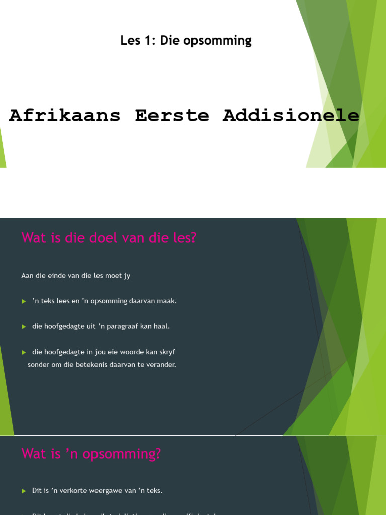 Afrikaans EAT - Les 1 DIE OPSOMMING | PDF