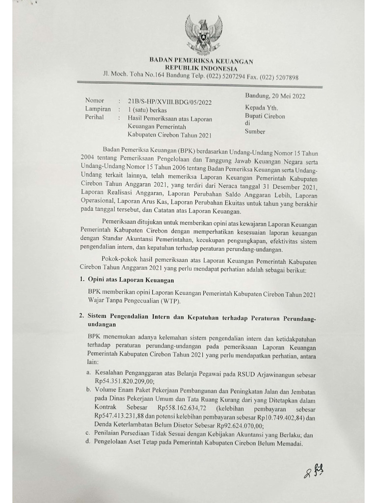 Hasil LHP BPK RI Atas LKD 2021 1 | PDF