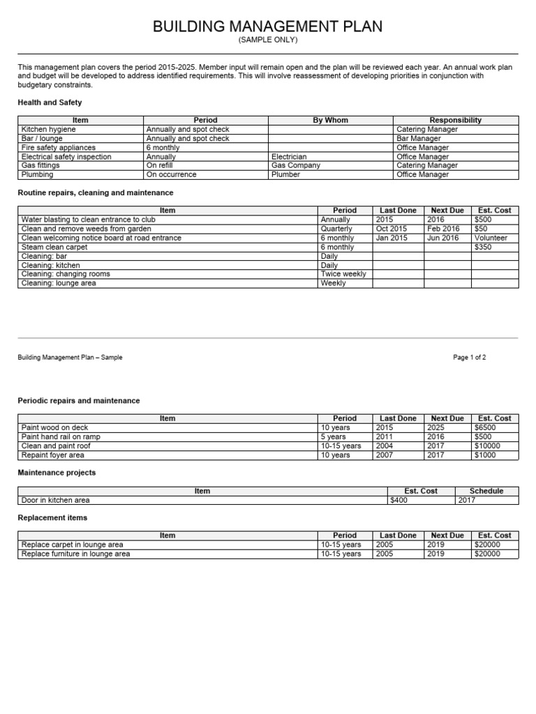 Sample Building Management Plan 2015-2025 | PDF
