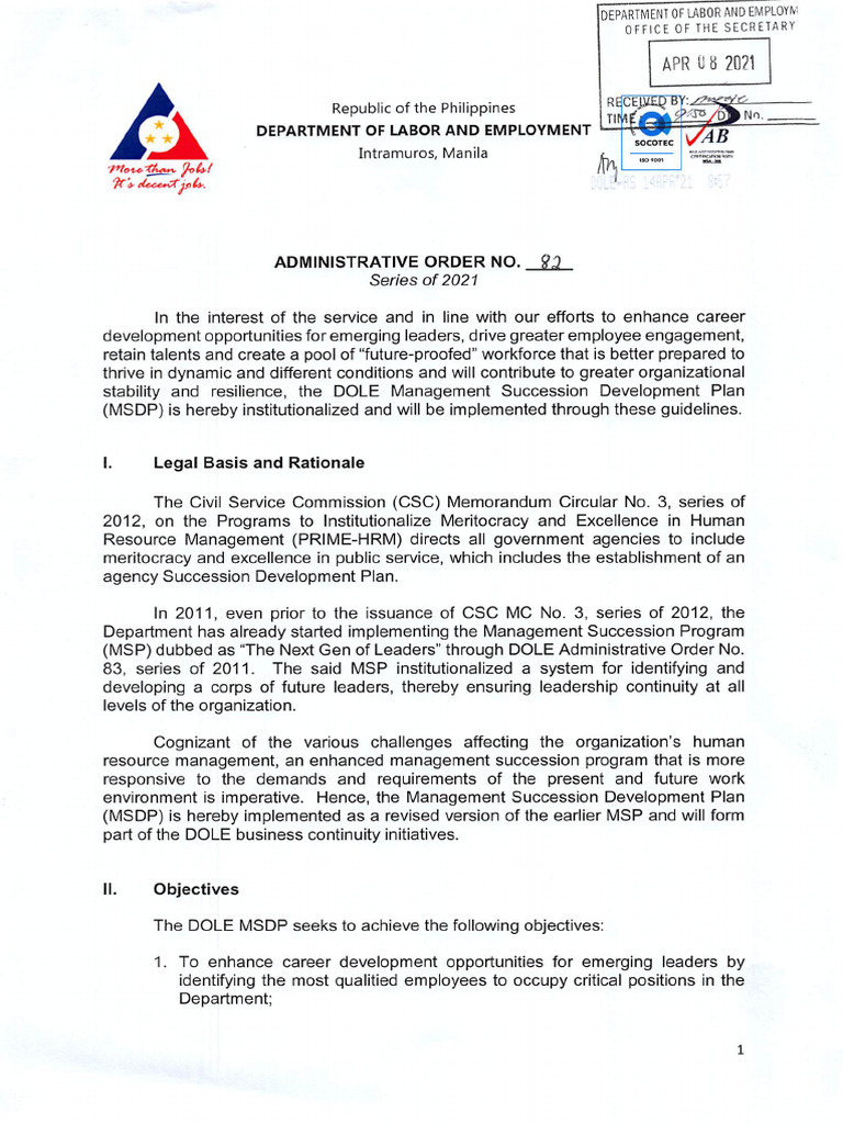 AO 82 21 Institutionalization of DOLE Management Succession Development ...