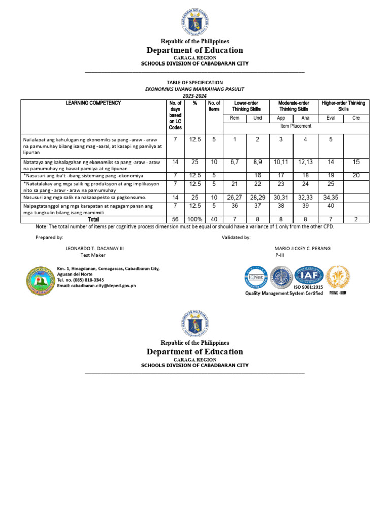 TABLE-OF-SPECIFICATIONS-EKONOMIKS-2023 q1 | PDF