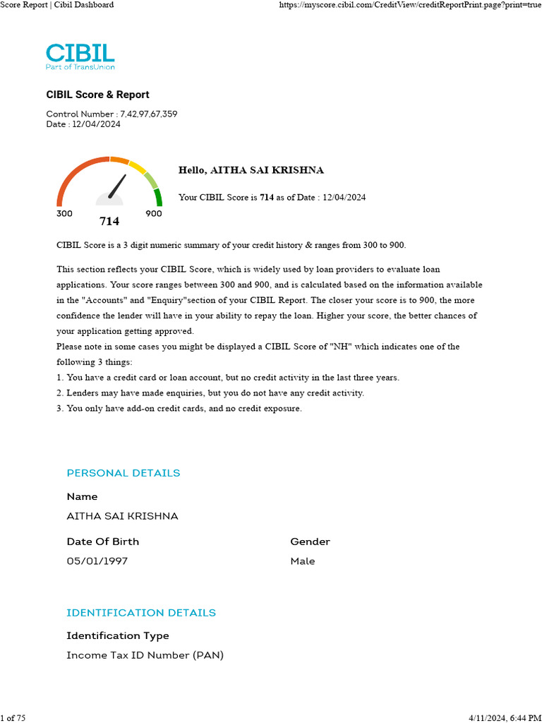 CIBIL Score Report: Aitha Sai Krishna | PDF | Finance & Money ...