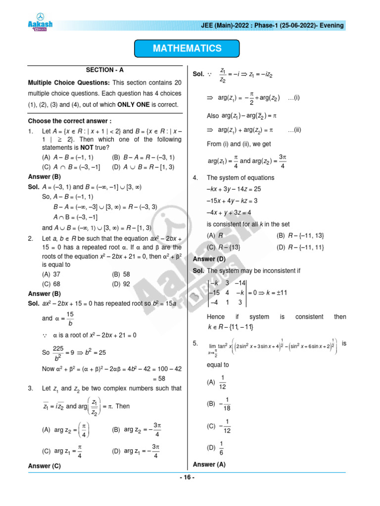 Ans and Sol Jee Main 2022 Phase 1-25-06 2022 e Math Final | PDF | Analytic Geometry | Mathematics