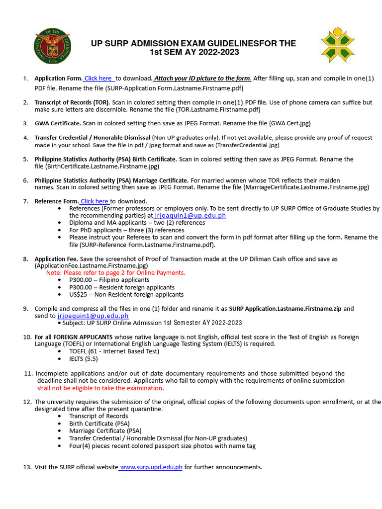 UP SURP 1st Sem AY 2022 2023 Online Admission Guidelines | PDF