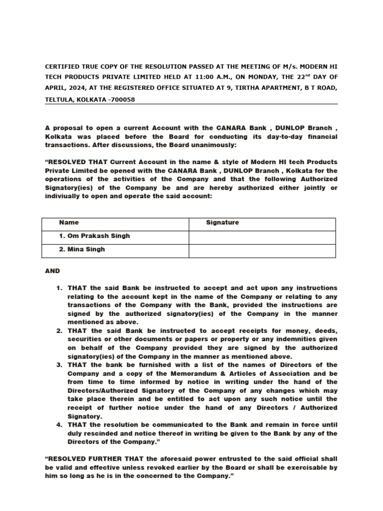 Board Resolution For New ICICI Account | PDF | Justice | Crime & Violence