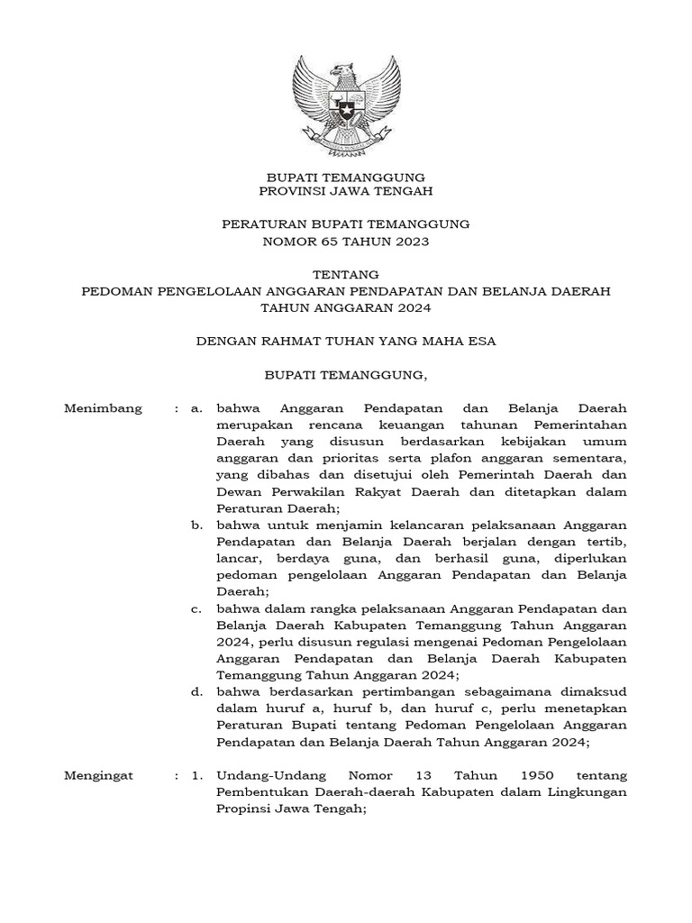 Perbup Nomor 65 Tahun 2023 Tentang Pedoman Pengelolaan APBD 2024 Compressed | PDF