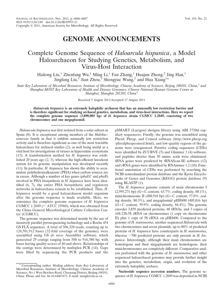 Complete Genome Sequence of Haloarcula Hispanica A | PDF | Archaea | Gene Complete Genome Sequence of Haloarcula Hispanica A | PDF | Archaea | Gene