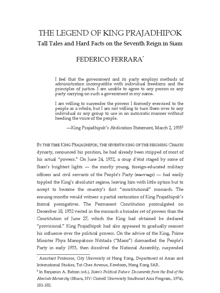 THE LEGEND OF KING PRAJADHIPOK by FEDERICO FERRARA | PDF | Thailand ...