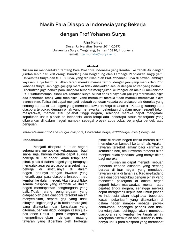Nasib para Diaspora Indonesia Yang Bekerja Dengan Prof Yohanes Surya Jurnal | PDF | Kesehatan ...