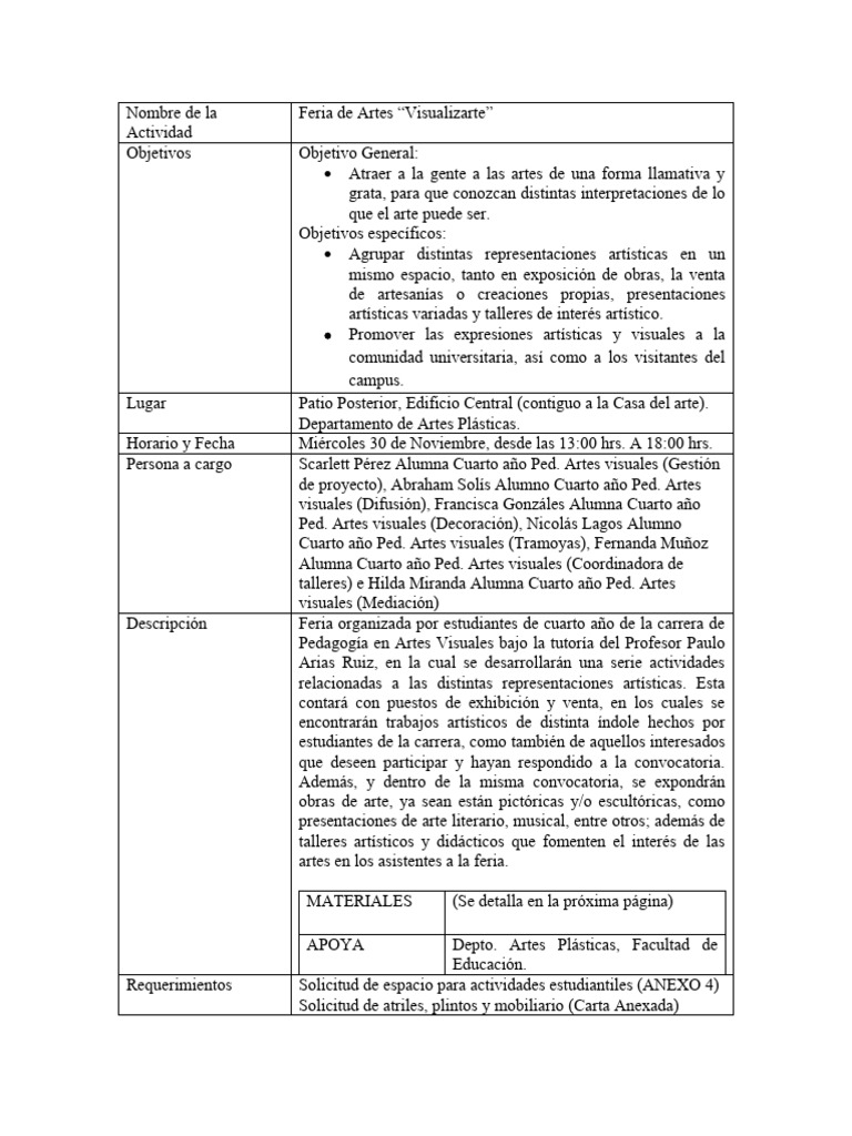 Ficha Feria de Artes Visualizarte PAV | Descargar gratis PDF | Las artes