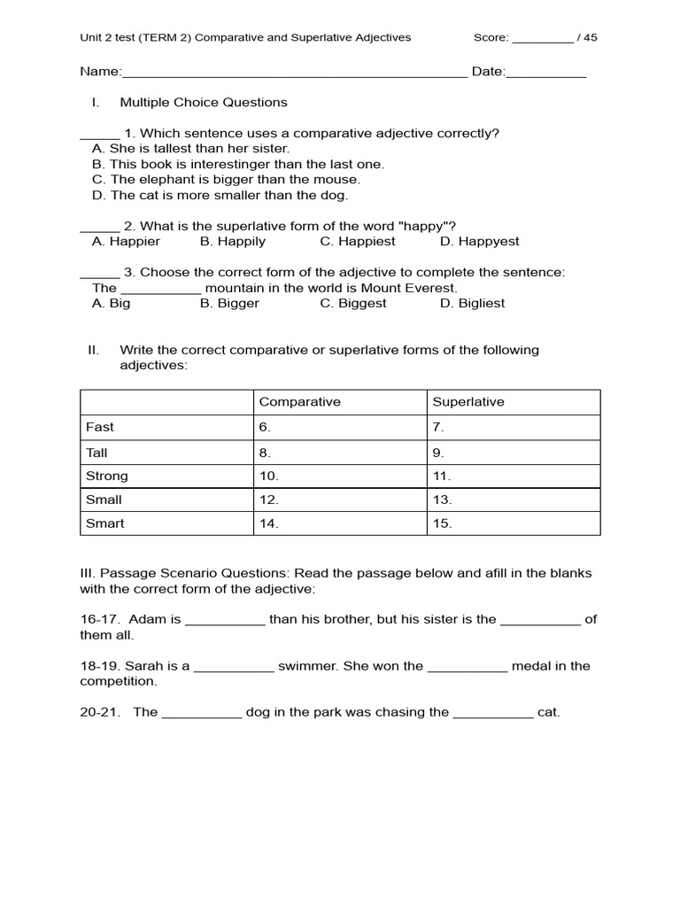 Comparative and Superlative Adjectives Test | PDF