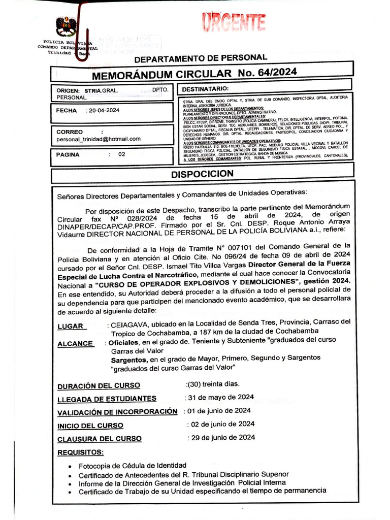 Memorandum Circular. N. 64-2024 Dpto. Personal | PDF
