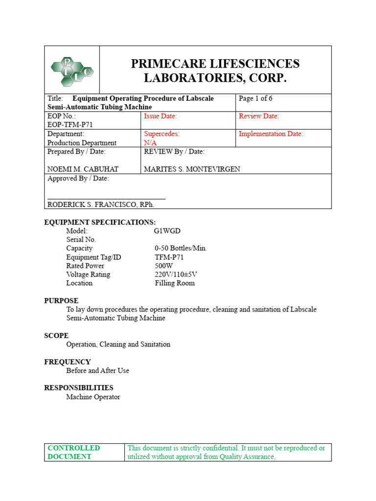 Labscale Tubing Machine SOP | PDF | Purified Water | Bearing (Mechanical)