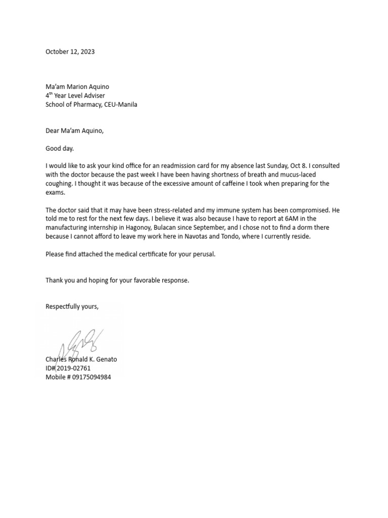 Excuse Letter For Absence | PDF